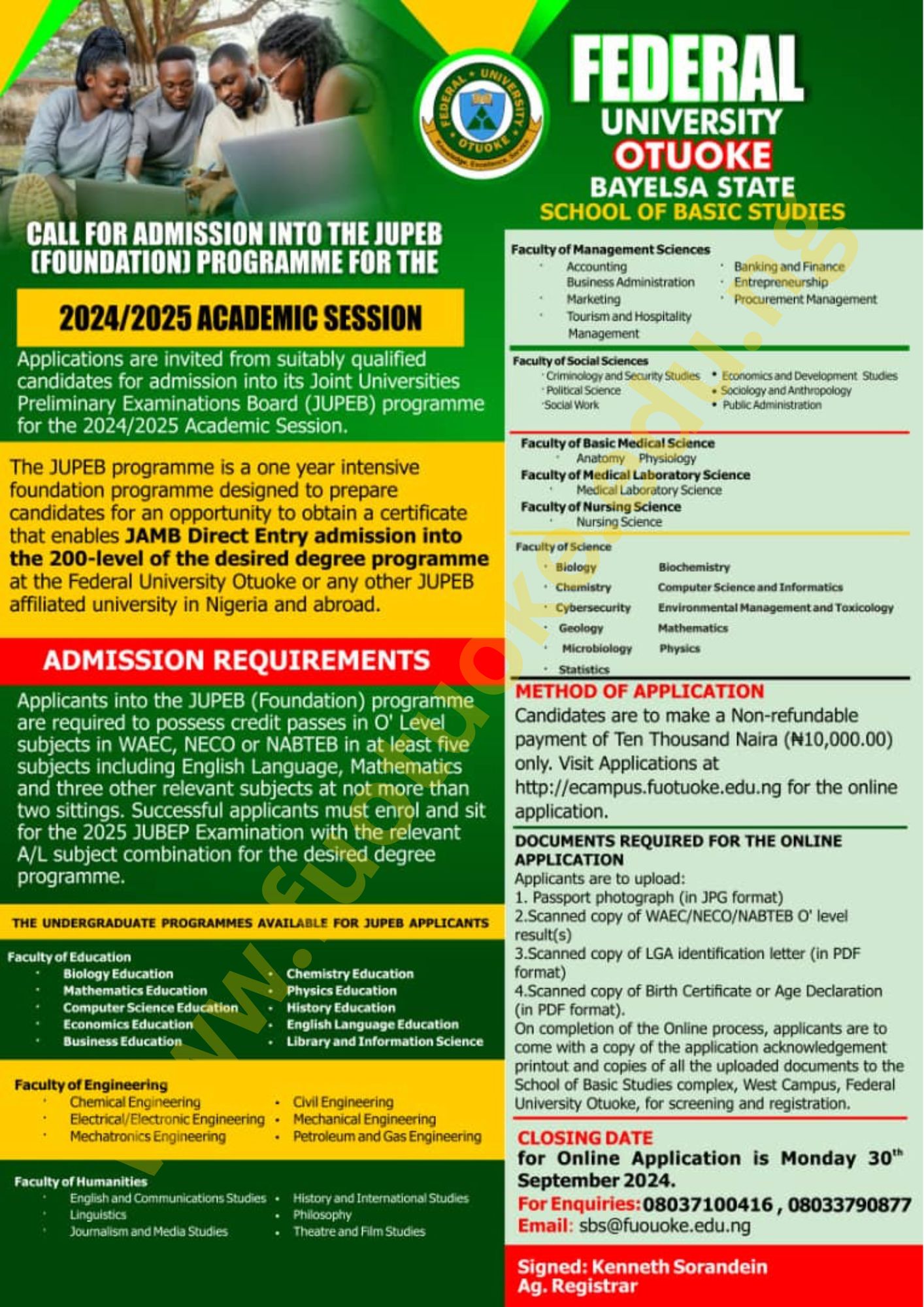 CALL FOR ADMISSION INTO THE JUPEB (FOUNDATION) PROGRAMME FOR THE 2024/ ...